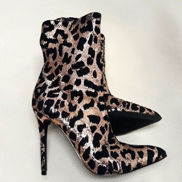 JustFab | Shoes | Shylan Leopard Print Stiletto Bootie Metallic Gold ...